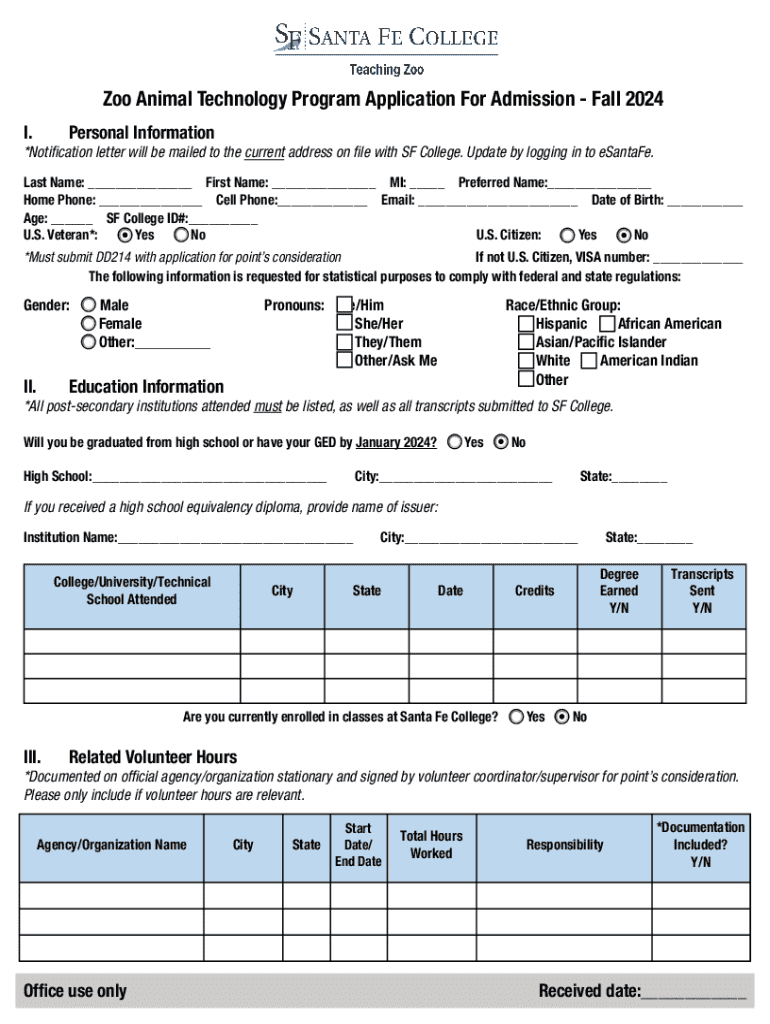 Fillable Online Zoo Animal Technology Program Application For Admission ...