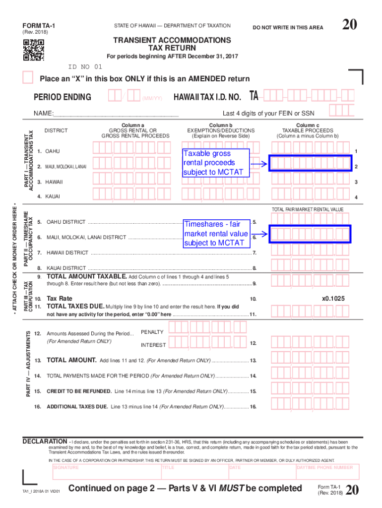 Fillable Online Form TA-1, Rev. 2018, Transient Accommodations Tax ...