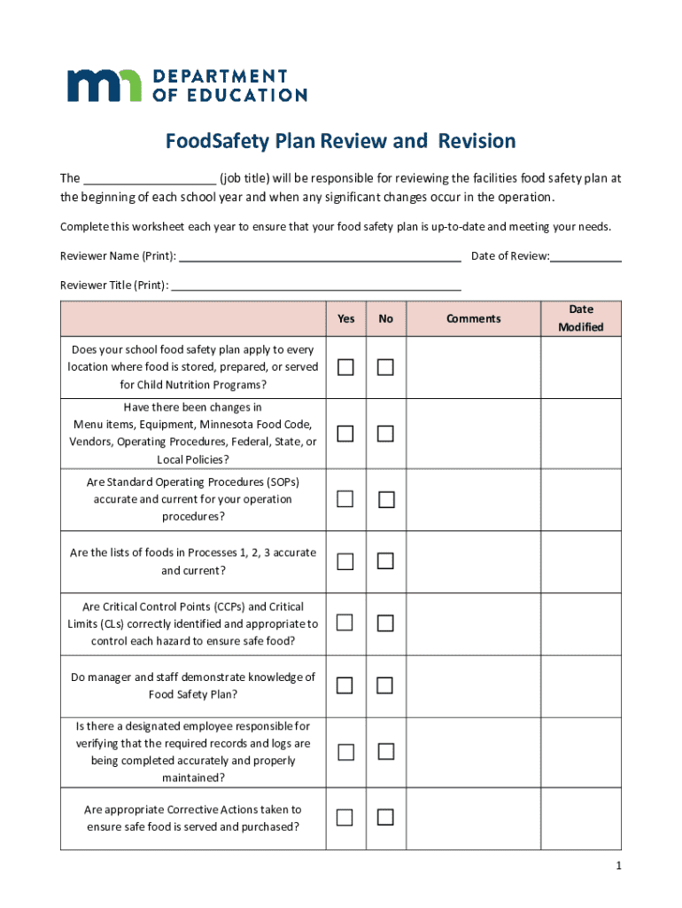 Fillable Online Food Safety Plan Review and Revision Checklist Fax ...