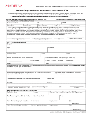 Fillable Online Madeira Camps Medication Authorization Form Summer ...