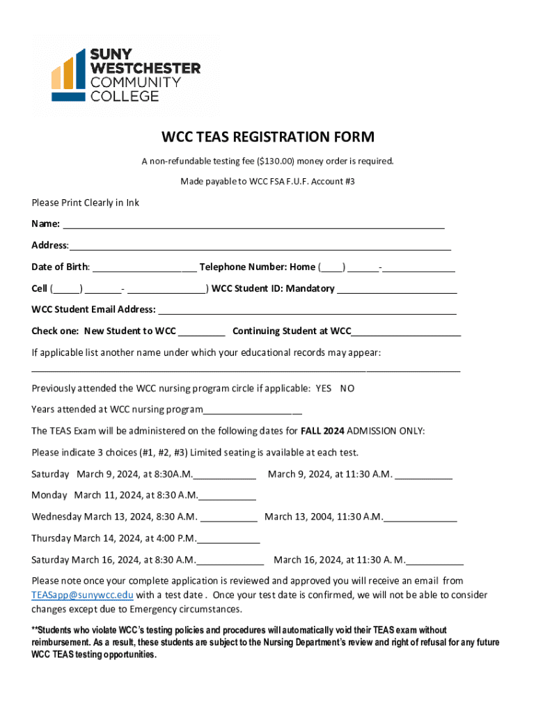 Fillable Online WCC TEAS REGISTRATION FORM Fax Email Print - pdfFiller