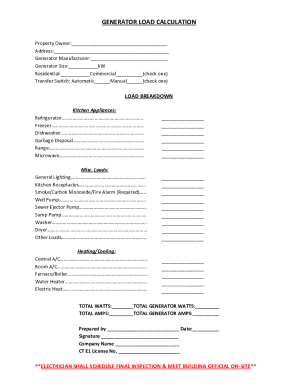Fillable Online Generator Load Calculation Sheet PDF Darien, CT Fax ...