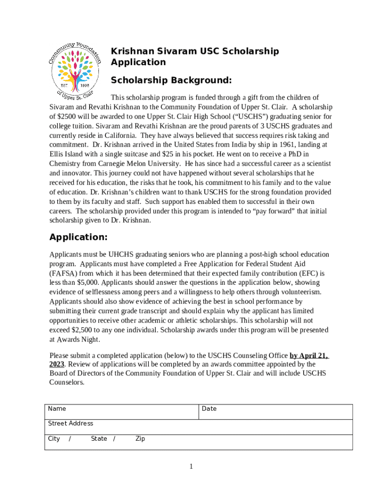 Krishnan Sivaram USC Scholarship Application ... Doc Template | pdfFiller
