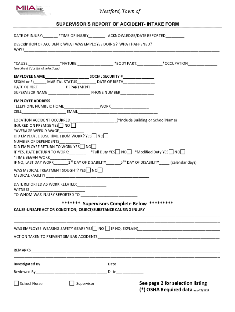 Fillable Online Supervisor Report of Accident - Intake Form Fax Email ...