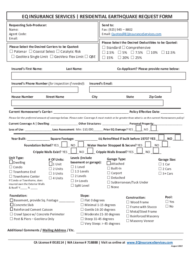 Fillable Online RESIDENTIAL EARTHQUAKE REQUEST FORM Fax Email Print ...