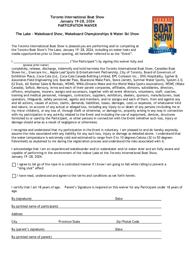 Fillable Online Toronto International Boat Show - PARTICIPATION WAIVER ...