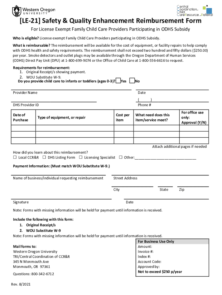 Fillable Online LE-21 Safety & Quality Enhancement Reimbursement Form ...