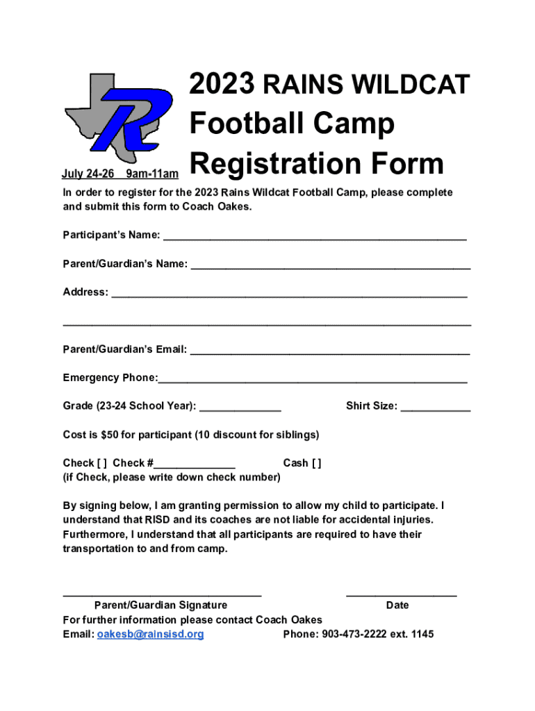 Fillable Online 2023 RAINS WILDCAT Football Camp Registration Form Fax ...