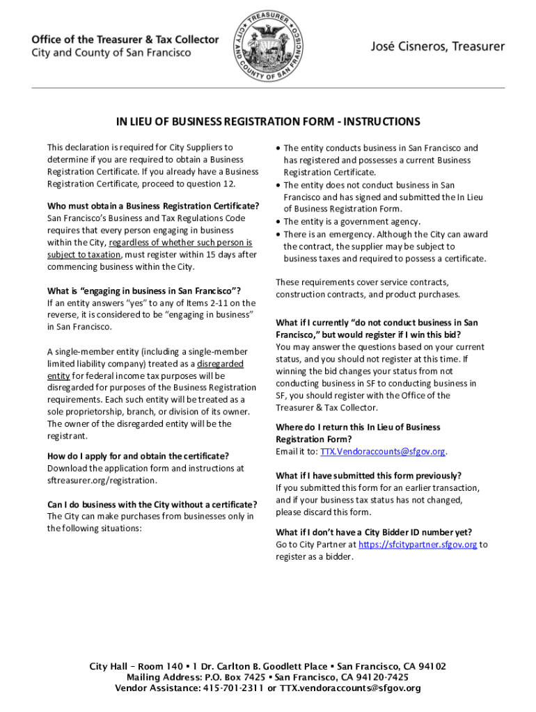 Fillable Online IN LIEU OF BUSINESS REGISTRATION FORM - INSTRUCTIONS Fax Email Print - pdfFiller