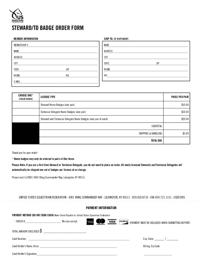 Fillable Online STEWARD/TD BADGE ORDER FORM Fax Email Print - pdfFiller