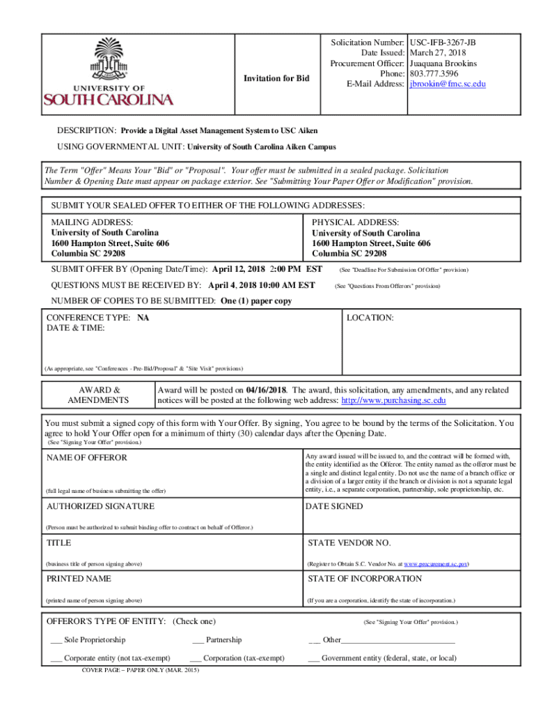 Fillable Online Invitation for Bid Solicitation Number: Date Issued: Procurement ... Fax Email ...