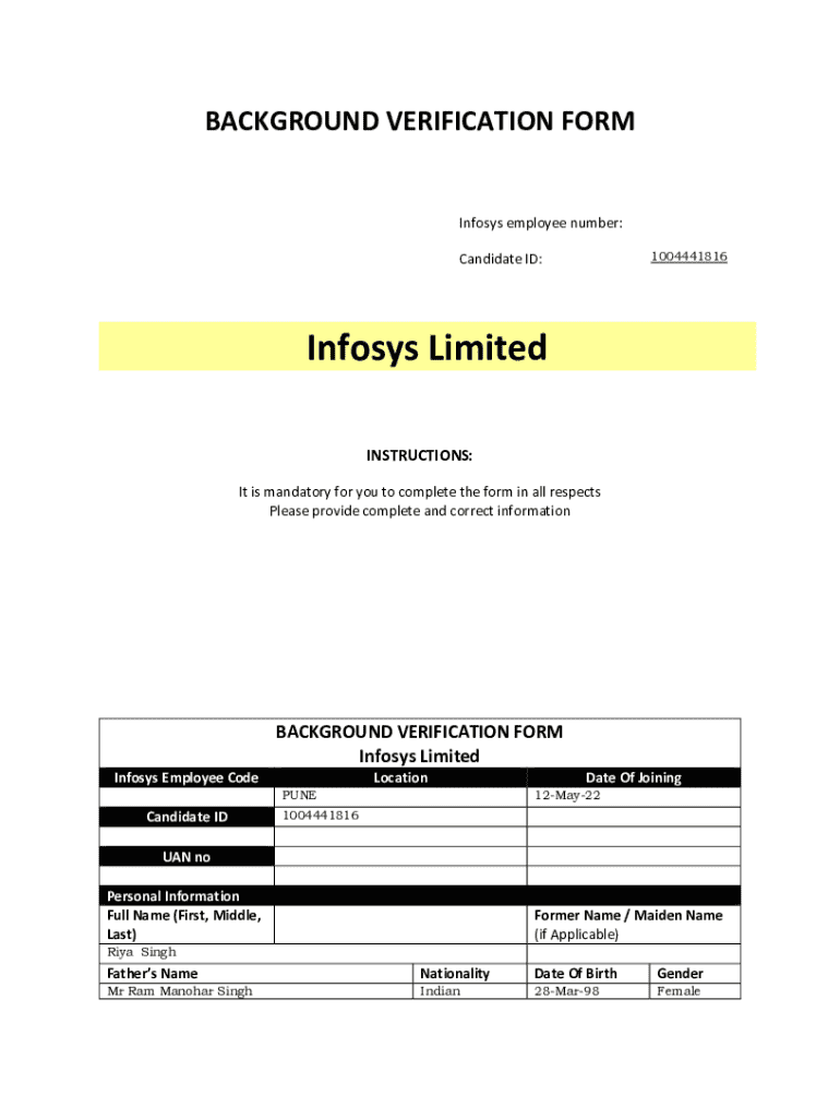Fillable Online Infosys Limited: Fresher's Background Verification Form Fax Email Print - pdfFiller