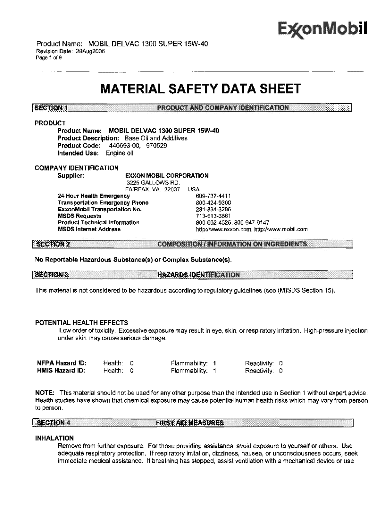 Fillable Online SDS - Mobil Delvac 1300 Super Safety Data Sheet Fax ...