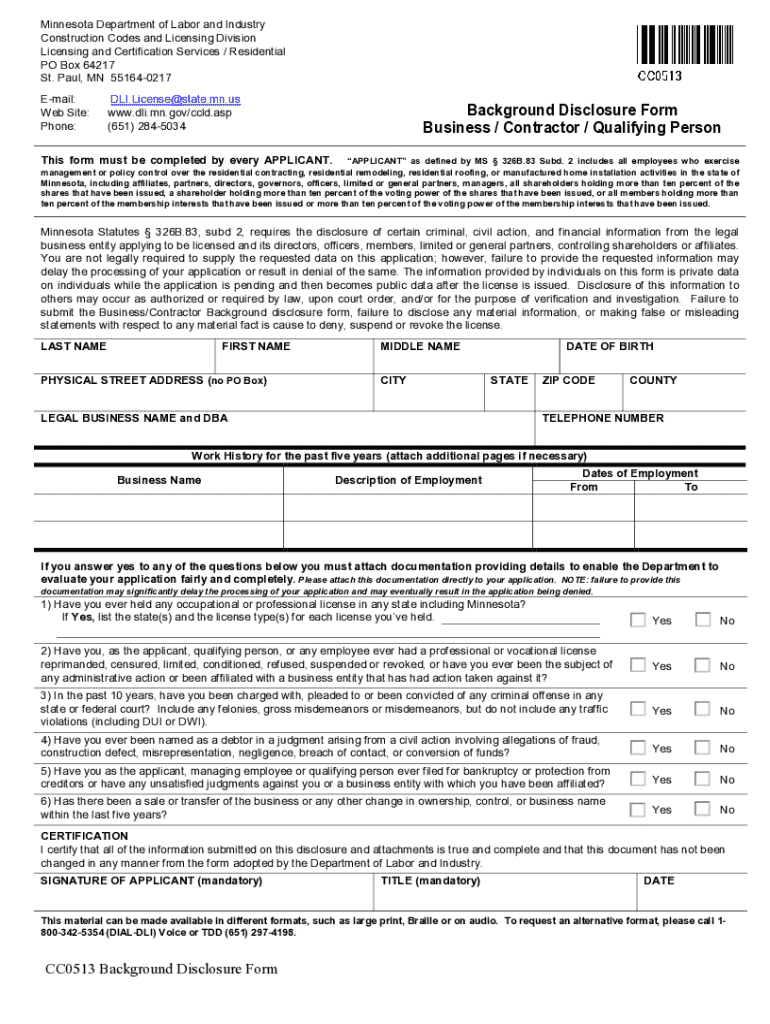 Fillable Online Fillable Online dli mn background disclosure form ...