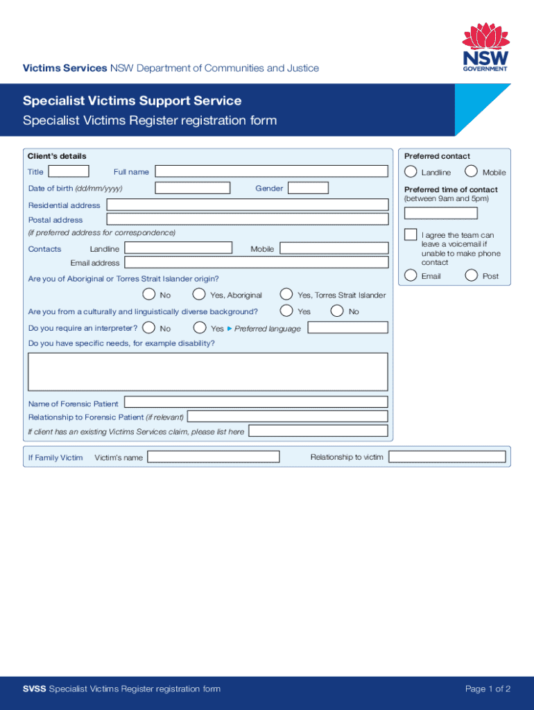 Fillable Online SVSS - Specialist Victims Register registration form ...