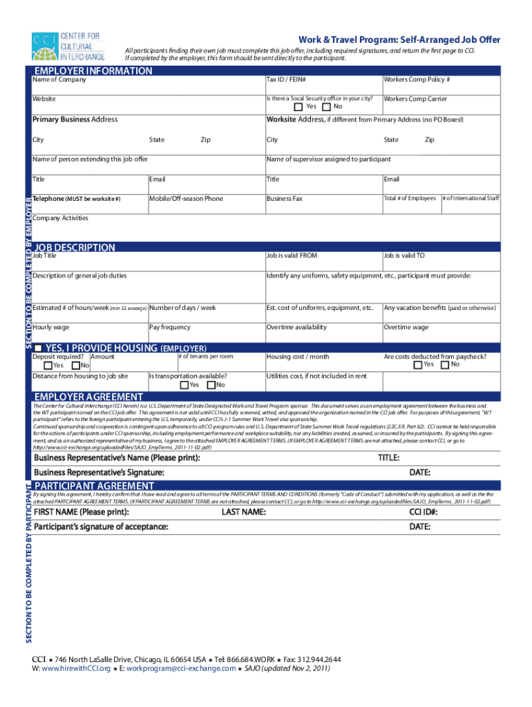 Fillable Online Fillable Online jobofer cci self arranged job offer ...