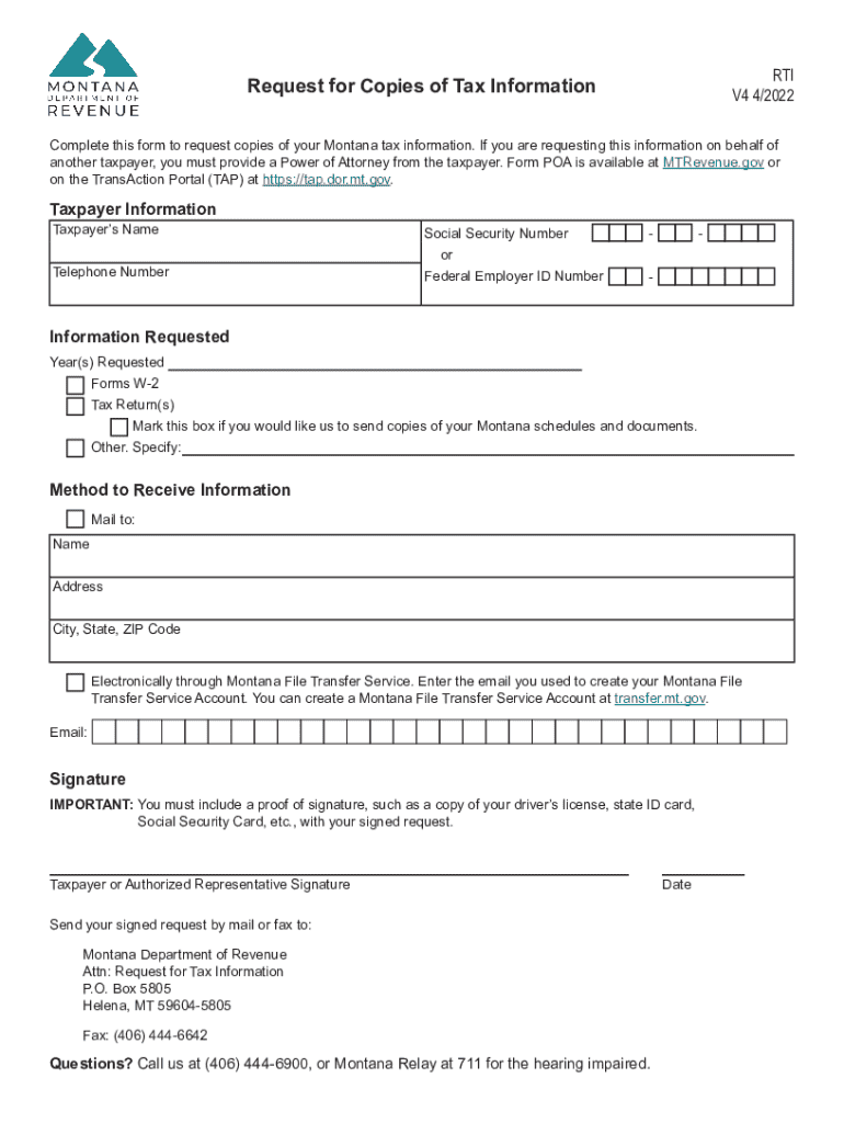 Fillable Online Montana Form RTI (Request for Copies of Tax Information) Fax Email Print - pdfFiller