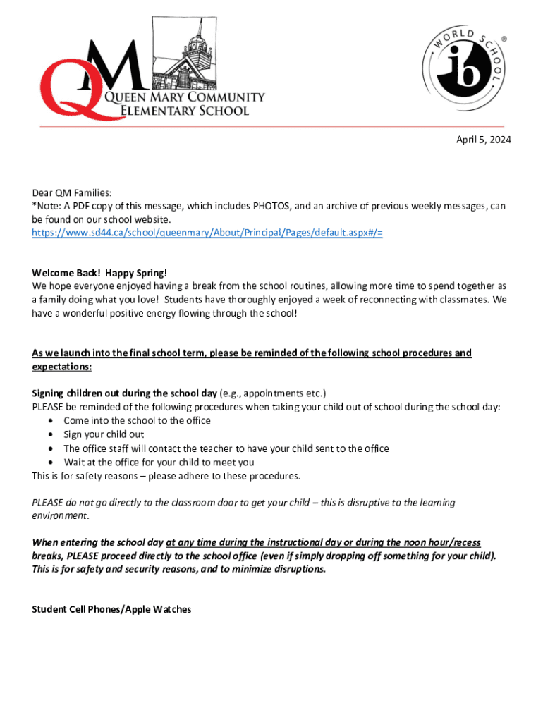 Fillable Online Principal's Messages - Queen Mary Community Elementary Fax Email Print - pdfFiller