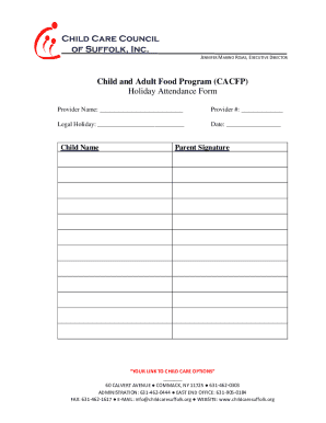 Fillable Online Child and Adult Food Program (CACFP) Holiday Attendance ...