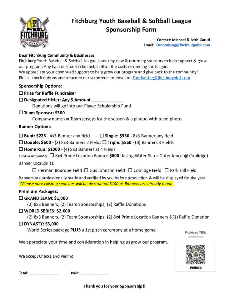 Fillable Online Fitchburg Youth Baseball & Softball League Sponsorship ...