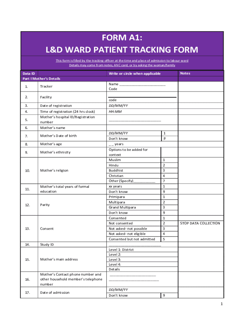Fillable Online datacompass lshtm ac FORM A1: L&D WARD PATIENT TRACKING ...
