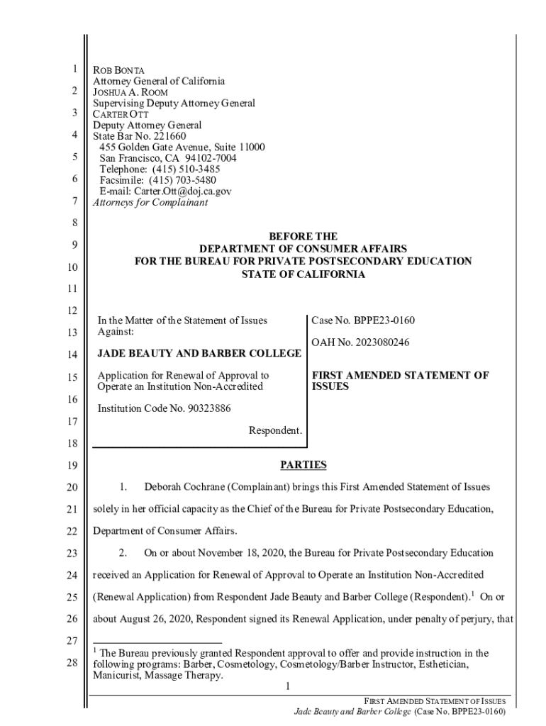 Fillable Online Case No. BPPE23-0160 FIRST AMENDED STATEMENT OF ISSUES ...