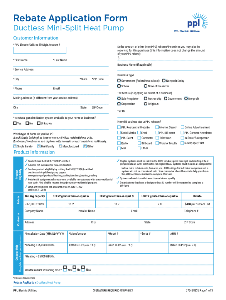 Fillable Online Rebate Application Form - Ductless Mini-Split Heat Pump ...