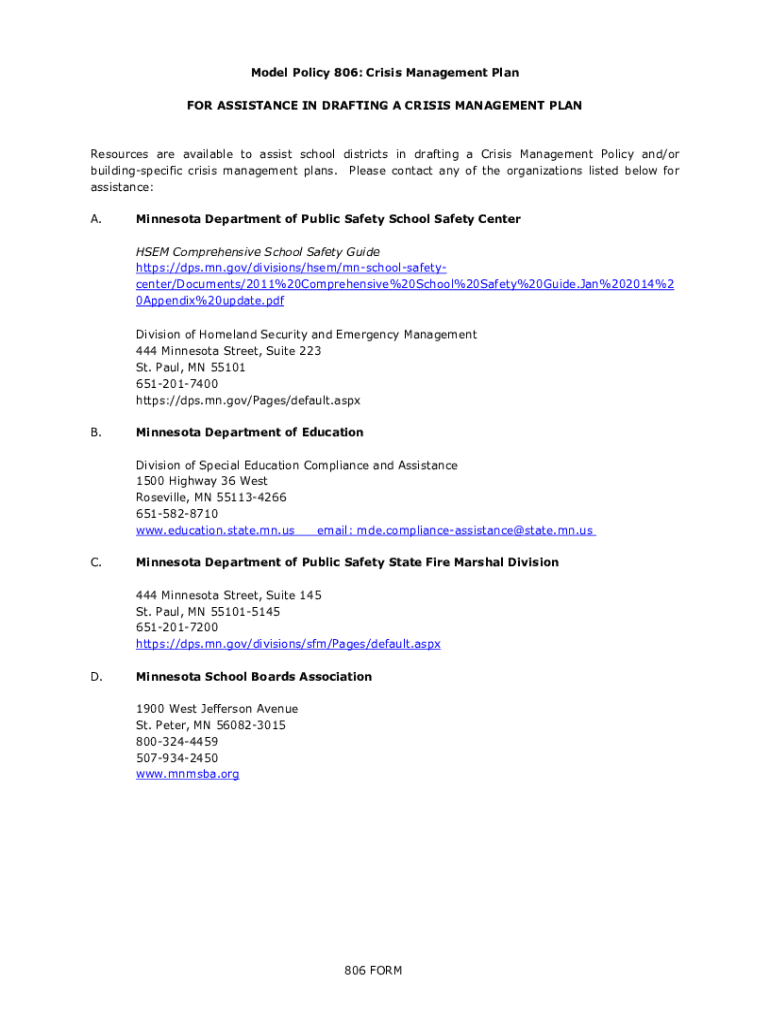 Fillable Online 806 FORM 2022 Model Policy 806: Crisis Management ...