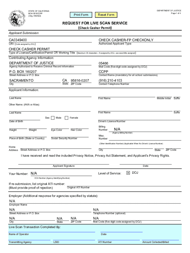 Fillable Online oag ca BCIA 8016CCPP - REQUEST FOR LIVE SCAN SERVICE ...