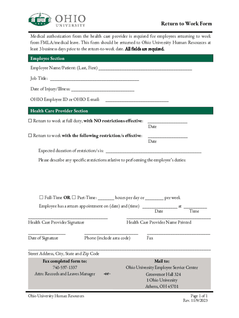 Fillable Online Return to Work Release Form - Human Resources Fax Email Print - pdfFiller