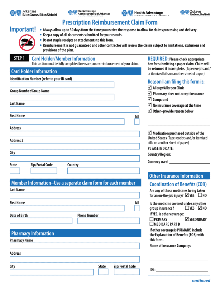Fillable Online Arkansas BCBS Prescription Reimbursement Claim Form Fax ...