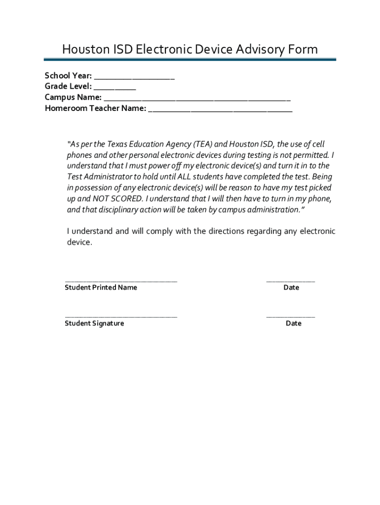 Fillable Online Houston ISD Electronic Device Advisory Form Fax Email ...