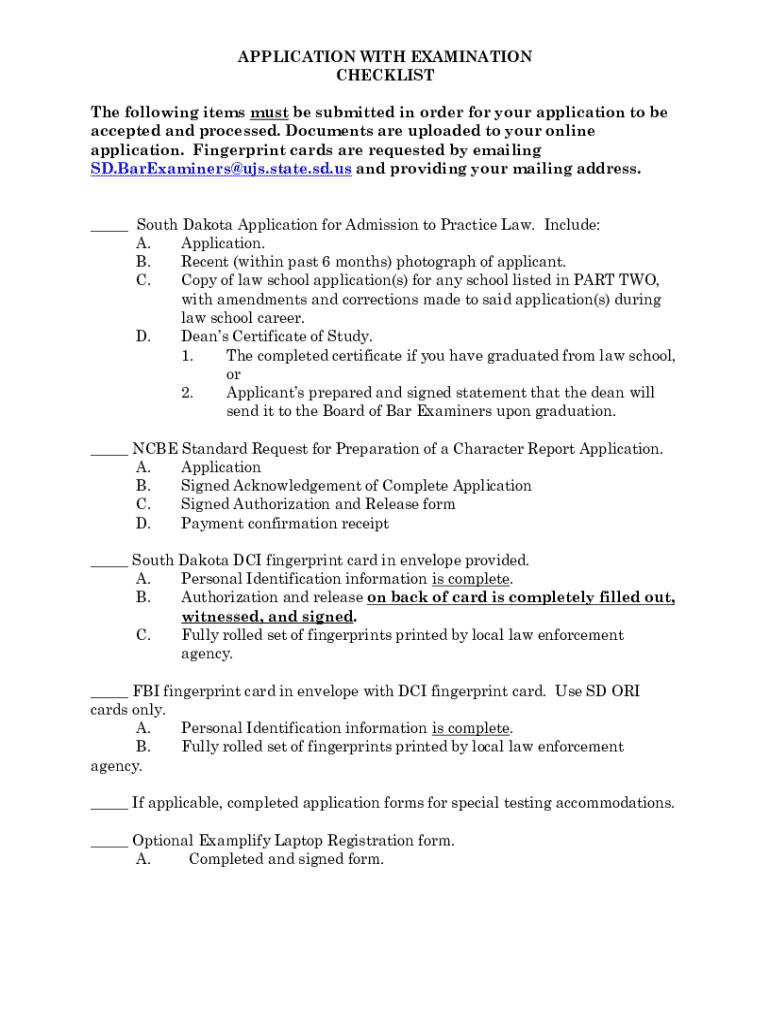 Fillable Online APPLICATION WITH EXAMINATION CHECKLIST The following ...