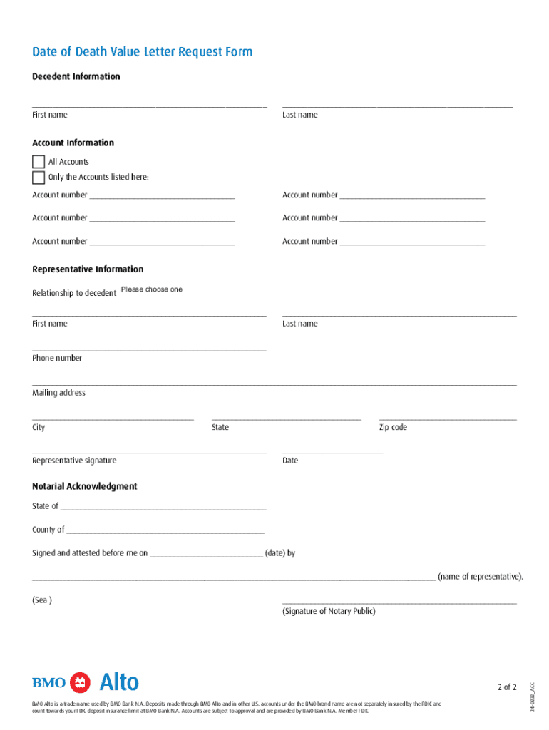 Fillable Online Date of Death Value Letter Request Form Fax Email Print ...
