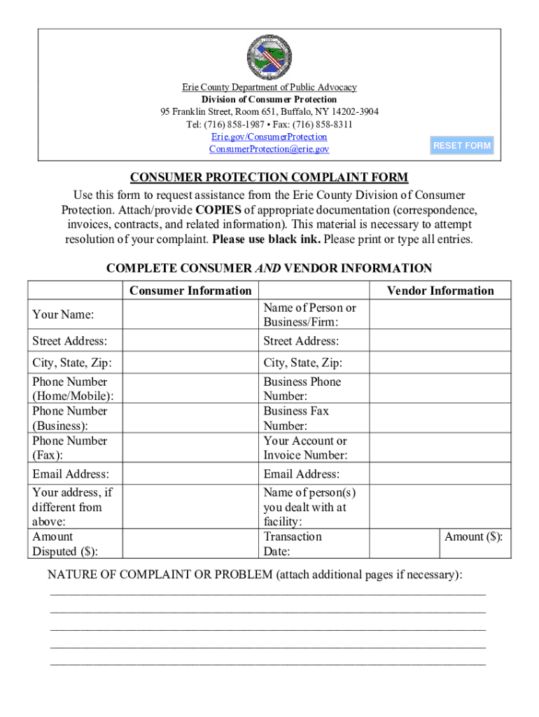 Fillable Online CONSUMER PROTECTION COMPLAINT FORM Use this form ...