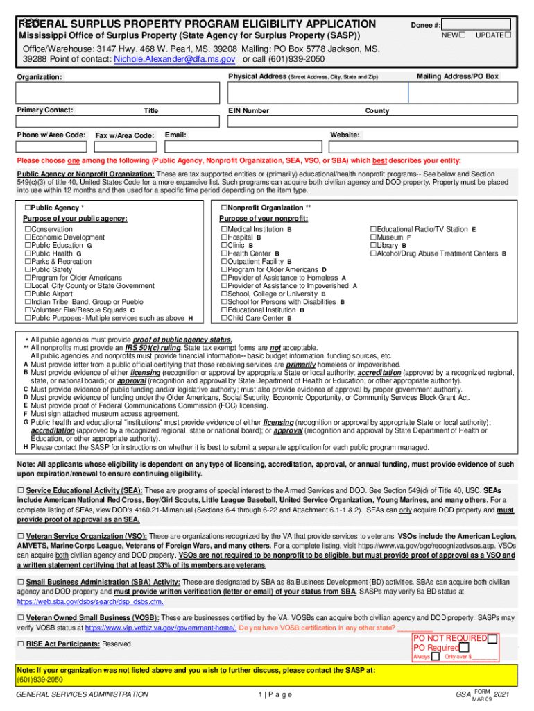 Fillable Online EDERAL SURPLUS PROPERTY PROGRAM ELIGIBILITY APPLICATION ...