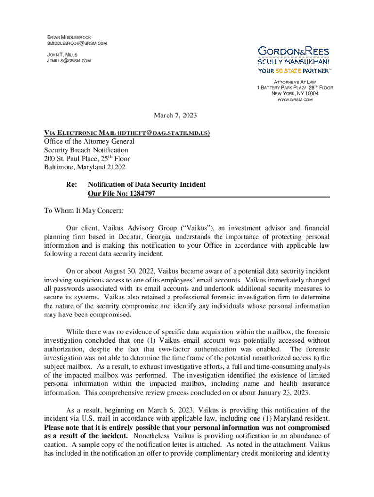 Fillable Online Security Breach Notification 200 St. Paul Place ...