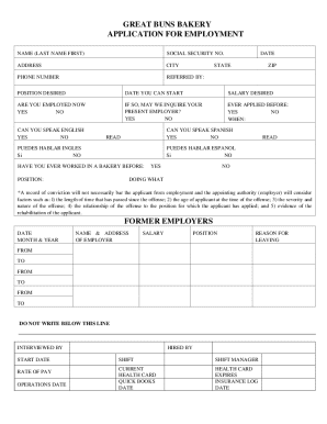 Fillable Online great buns bakery application for employment Fax Email ...