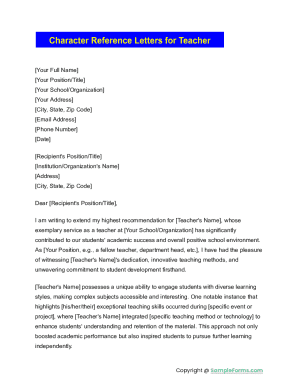 Fillable Online Character Reference Letters for Teacher Fax Email Print ...