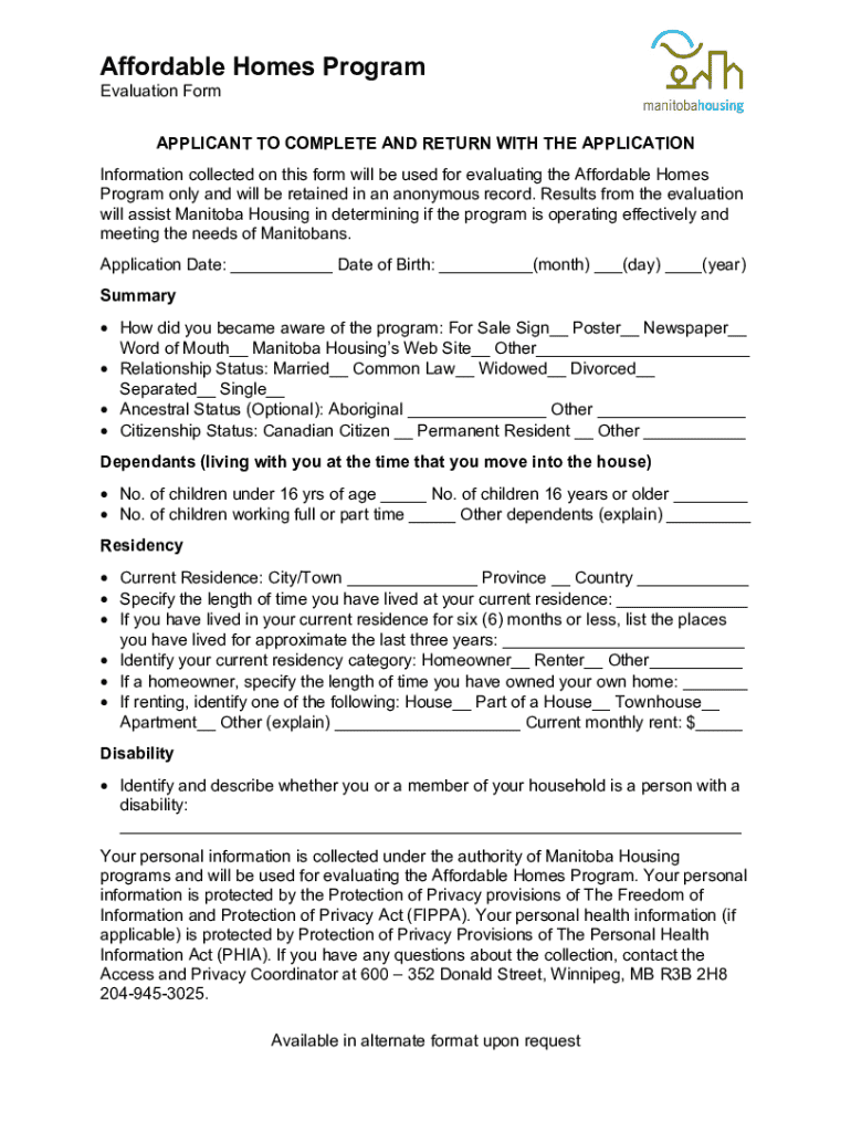 Fillable Online Evaluation Form - Affordable Homes Program in PDF ...