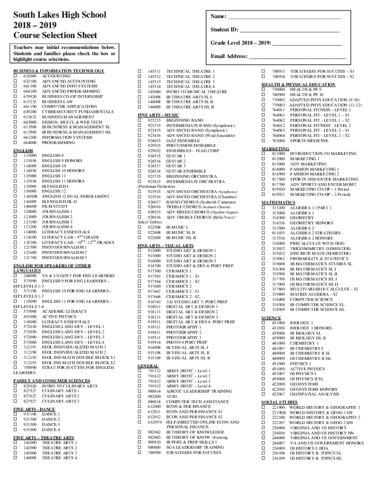 Fillable Online 2019 Course Selection Sheet - South Lakes High School 2018 Fax Email Print ...