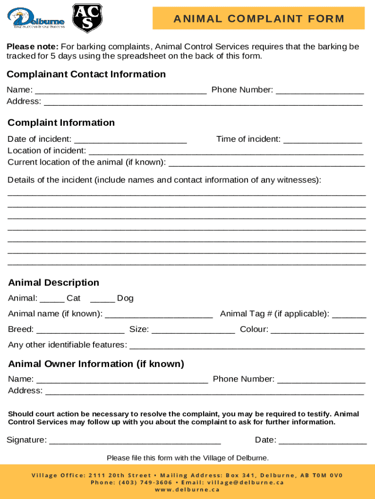 Fillable Online Form CenterNoisy Animal Complaint Form Fax Email Print ...