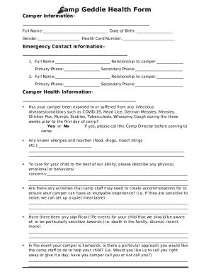 Summer Camp - Emergency Contact and Medical ... Doc Template | pdfFiller
