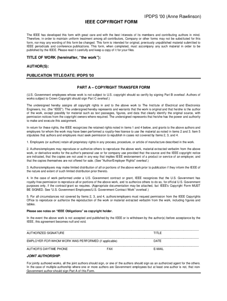 Fillable Online IPDPS '00 (Anne Rawlinson) IEEE COPYRIGHT FORM Fax ...