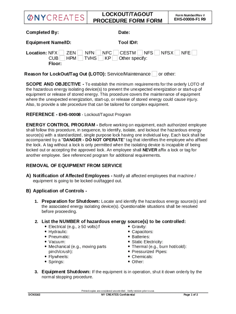 Lockout/Tagout Procedure . EHS-00008-F1 R9 Doc Template | pdfFiller
