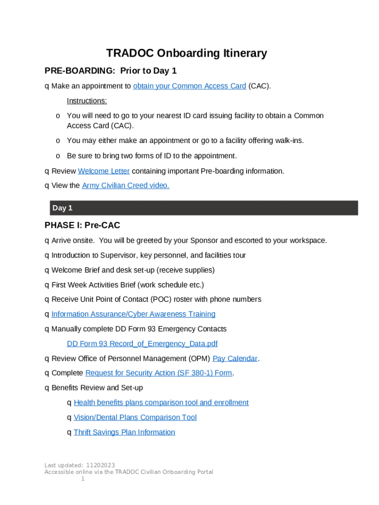 TRADOC Onboarding Itinerary PRE-BOARDING: Prior to Day 1 Doc Template | pdfFiller