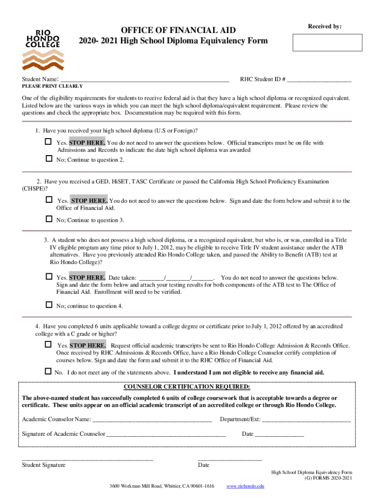Fillable Online 2021 High School Diploma Equivalency Form Fax Email ...