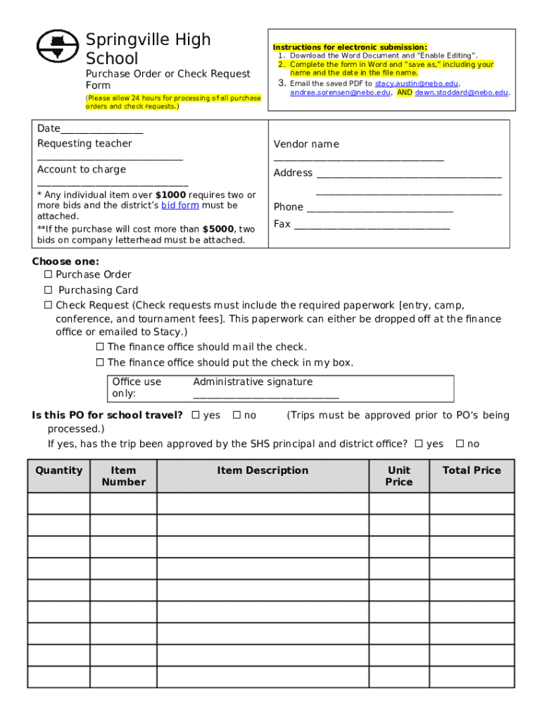Purchase Order and Check Request - shs nebo Doc Template | pdfFiller