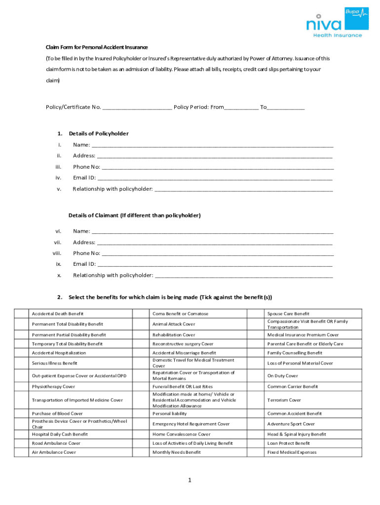 Fillable Online Claim Form for Personal Accident Insurance (To be filled in by the ... Fax Email ...