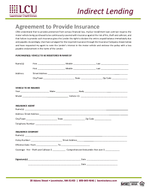 Fillable Online Indirect Lending - Agreement to Provide Insurance Fax ...